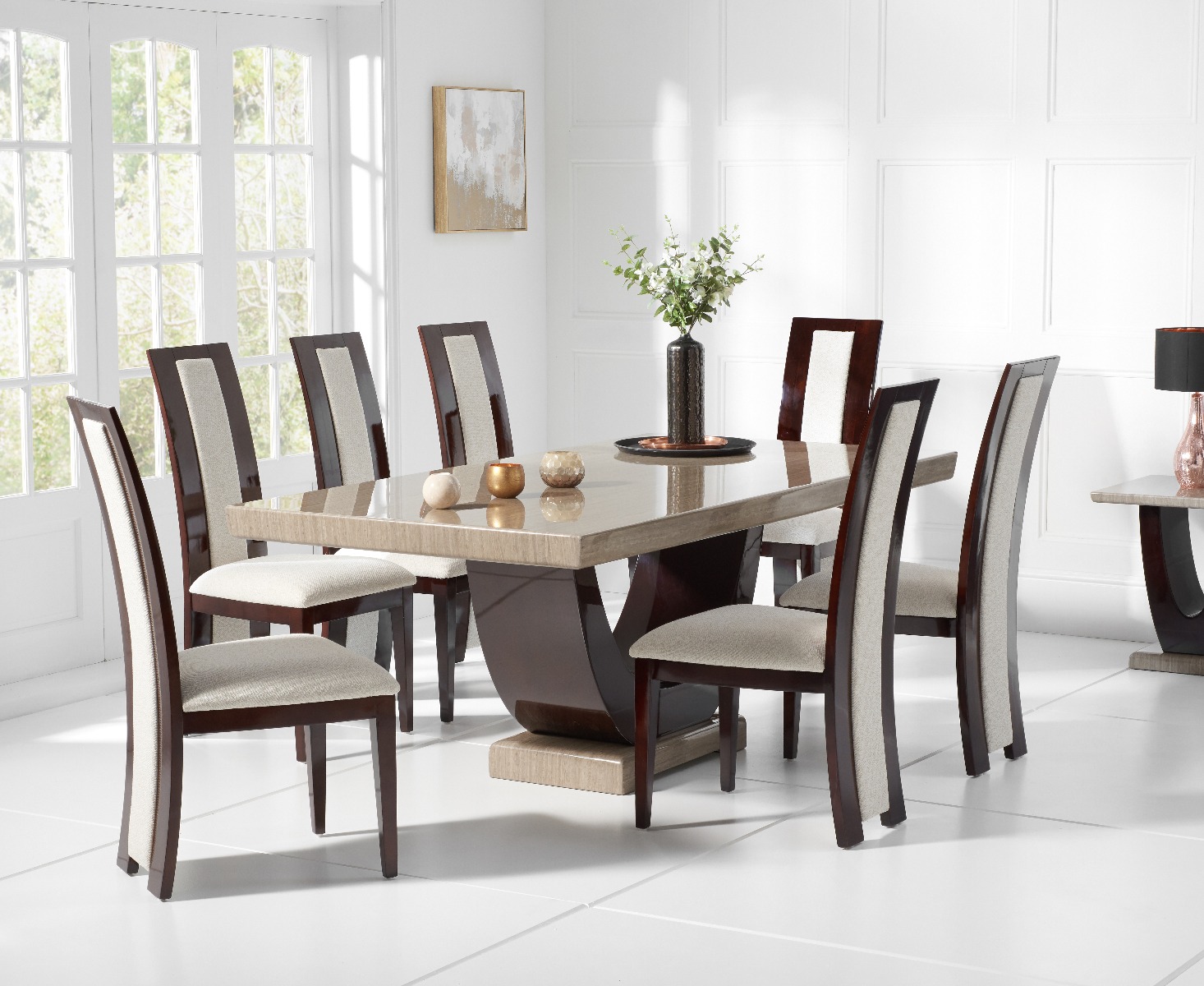 Novara 200cm Brown Pedestal Marble Dining Table with Novara Chairs |Oak&More