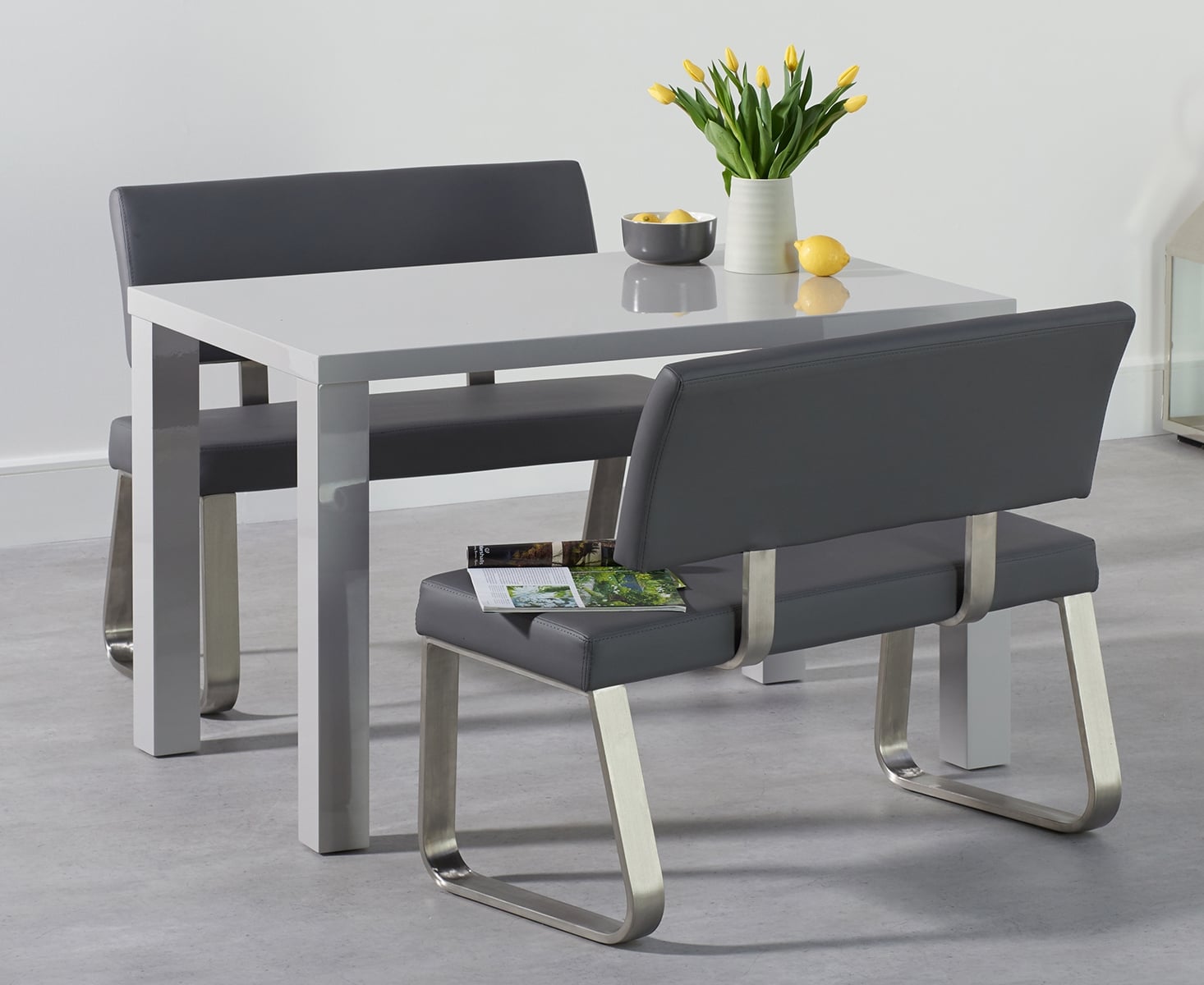 Seattle 120cm Light Grey High Gloss Dining Table with Austin Benches ...