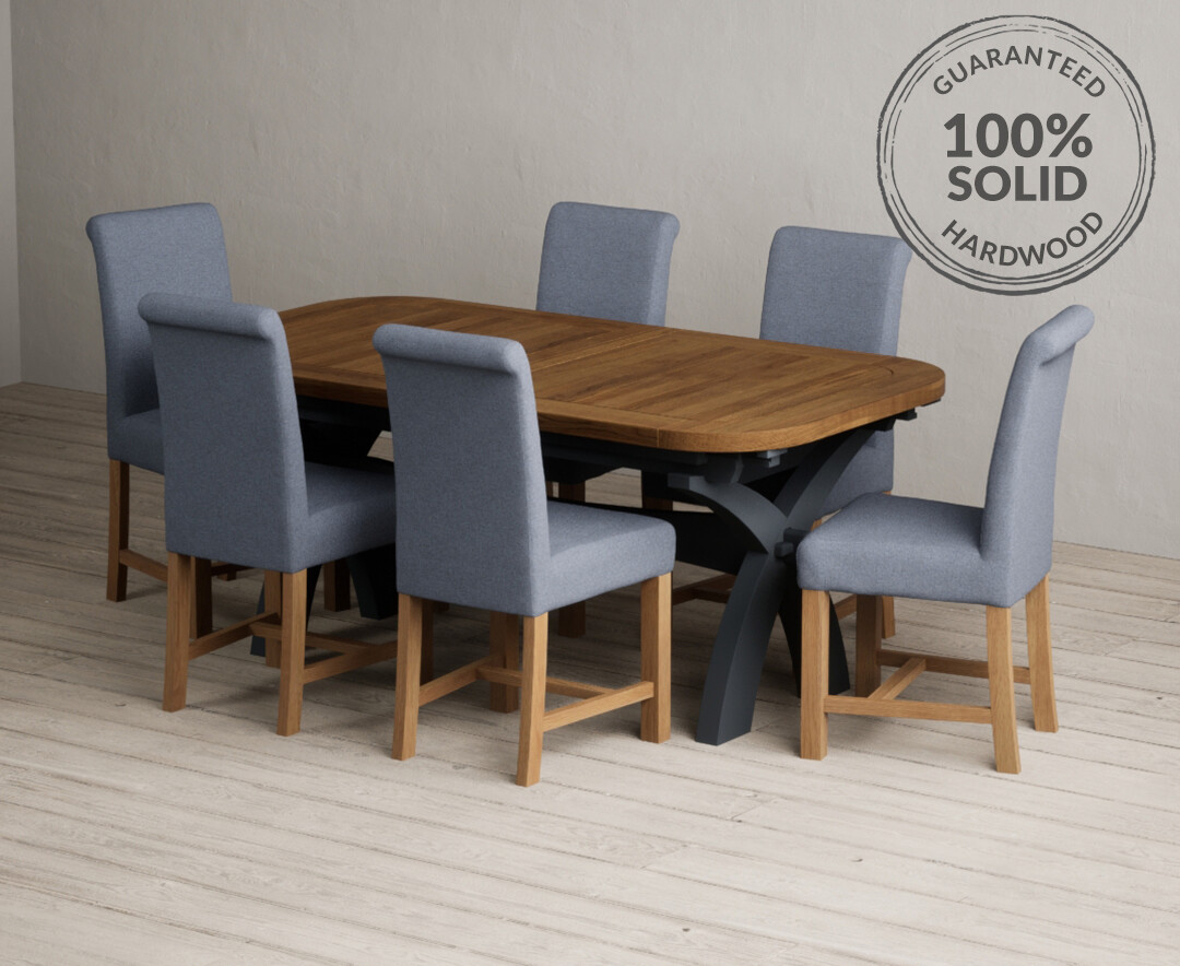 Olympia 180cm Oak and Dark Blue Extending Dining Table with Scroll Back ...
