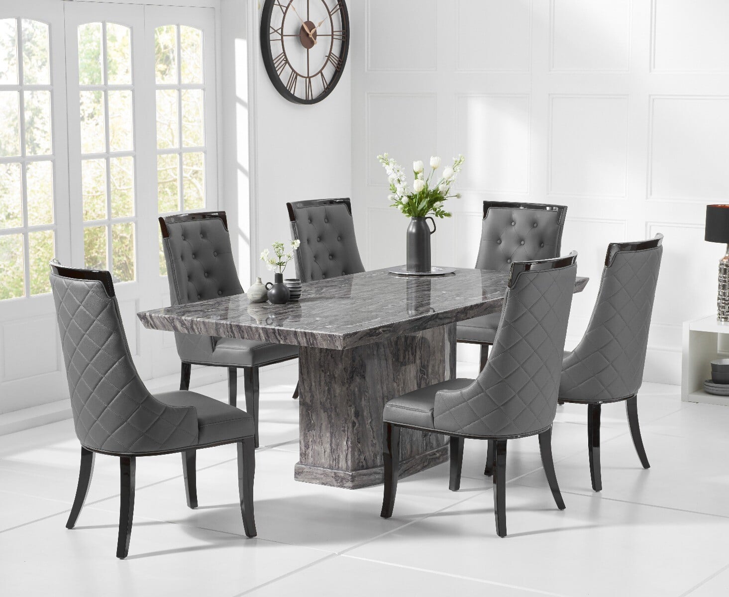 Carvelle 200cm Dark Grey Pedestal Marble Dining Table with Francesca ...