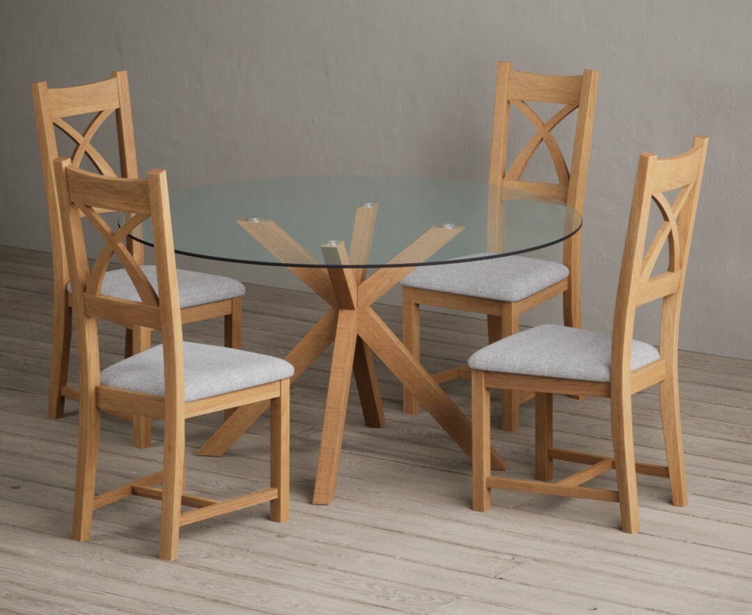 Lakelyn 140cm Round Solid Oak and Glass Dining Table with X Back Chairs ...