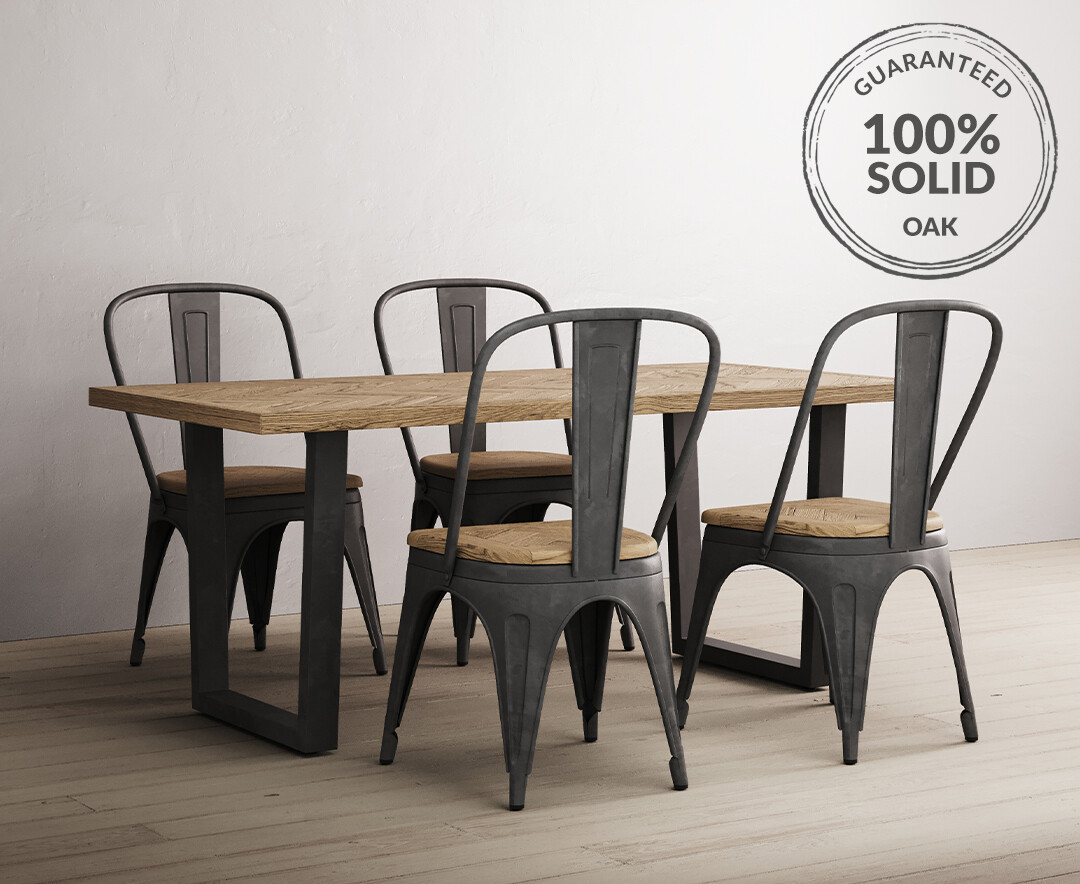 Herringbone 190cm Solid Oak and Metal Dining Table with Herringbone Metal Dining Chairs |Oak&More