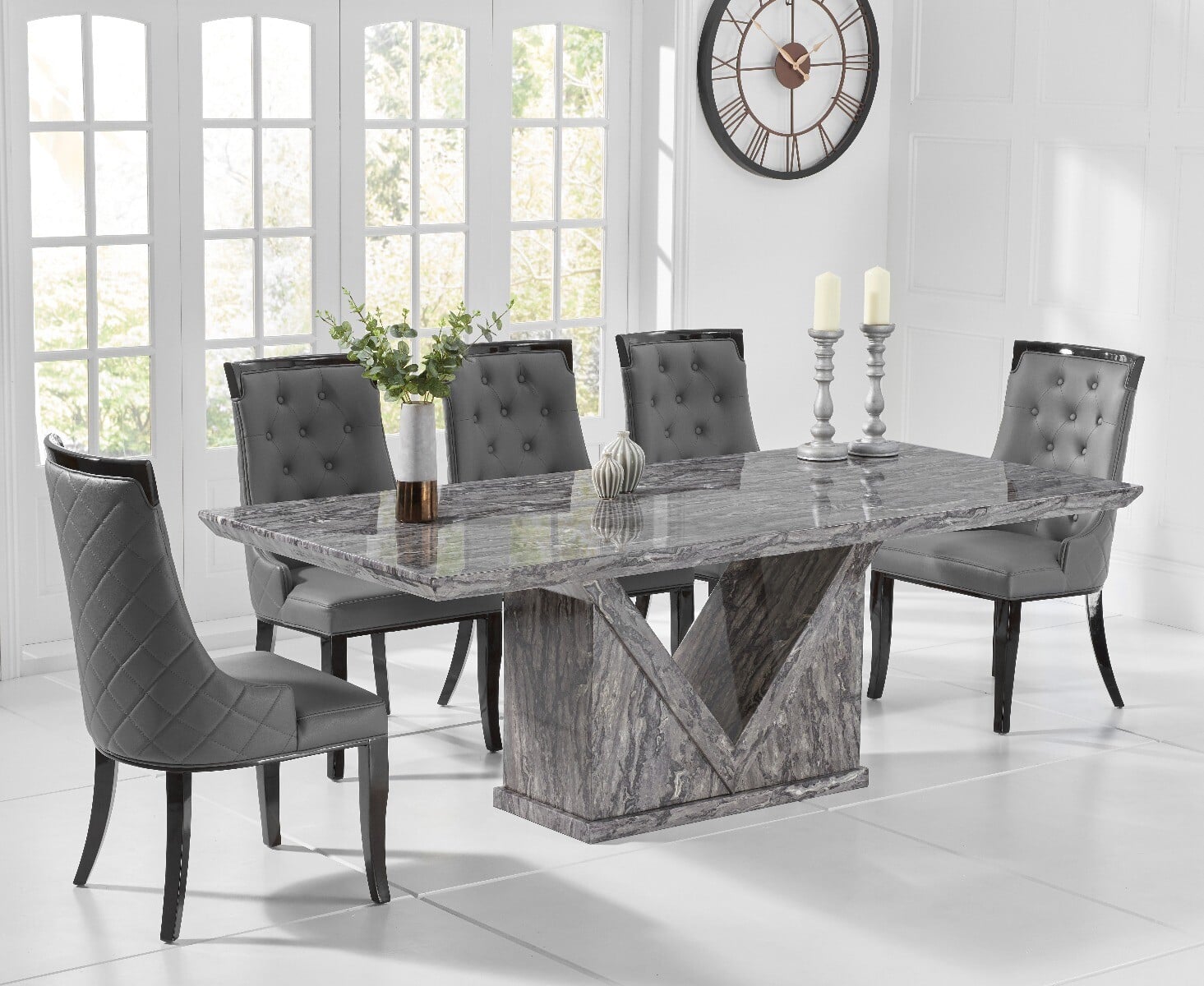 Milan 220cm Grey Marble Dining Table with Francesca Chairs |Oak&More