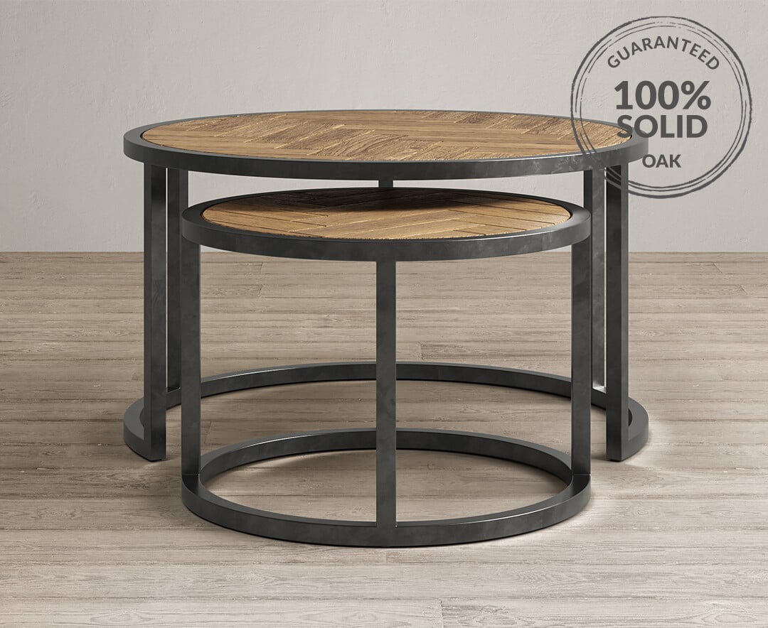 Herringbone Solid Oak Round Nest of Tables | Oak&More