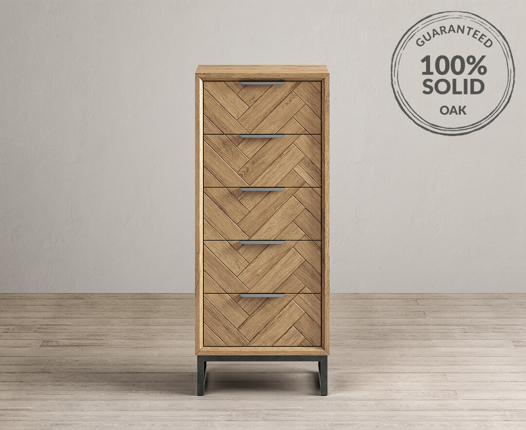 Herringbone Solid Oak 5 Drawer Tallboy | Oak&More
