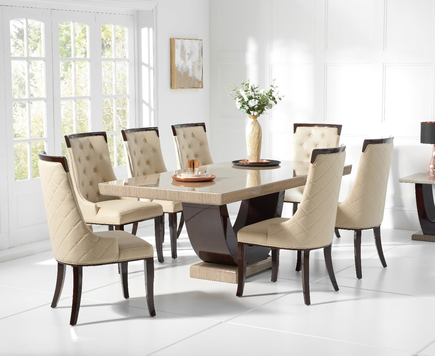 Novara 200cm Brown Pedestal Marble Dining Table with Francesca Chairs ...