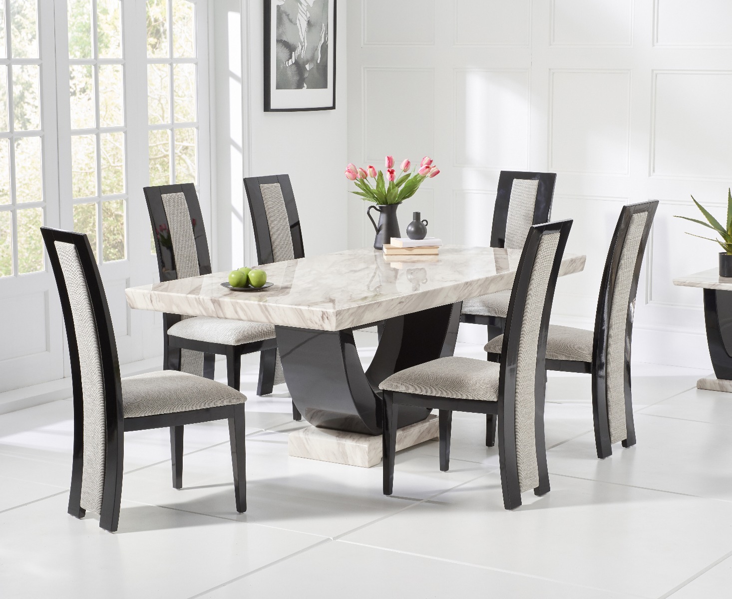 Novara 170cm Cream and Black Pedestal Marble Dining Table with Novara ...
